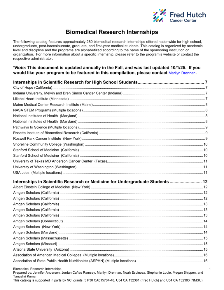 Biomedical Research Internships Catalog