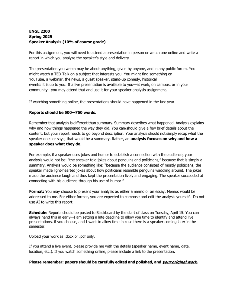 ENGL 2200 Speaker Analysis Assignment Spring 2025