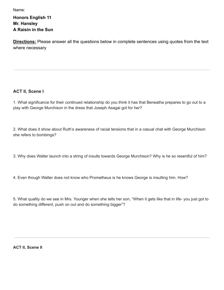 A Raisin in the Sun Act II Worksheet