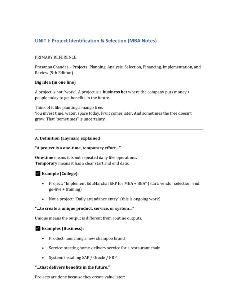 MBA Notes: Project Identification & Selection