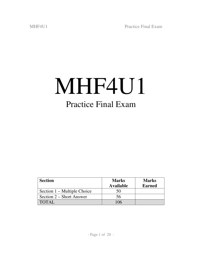 MHF4U1 Practice Final Exam - Advanced Functions