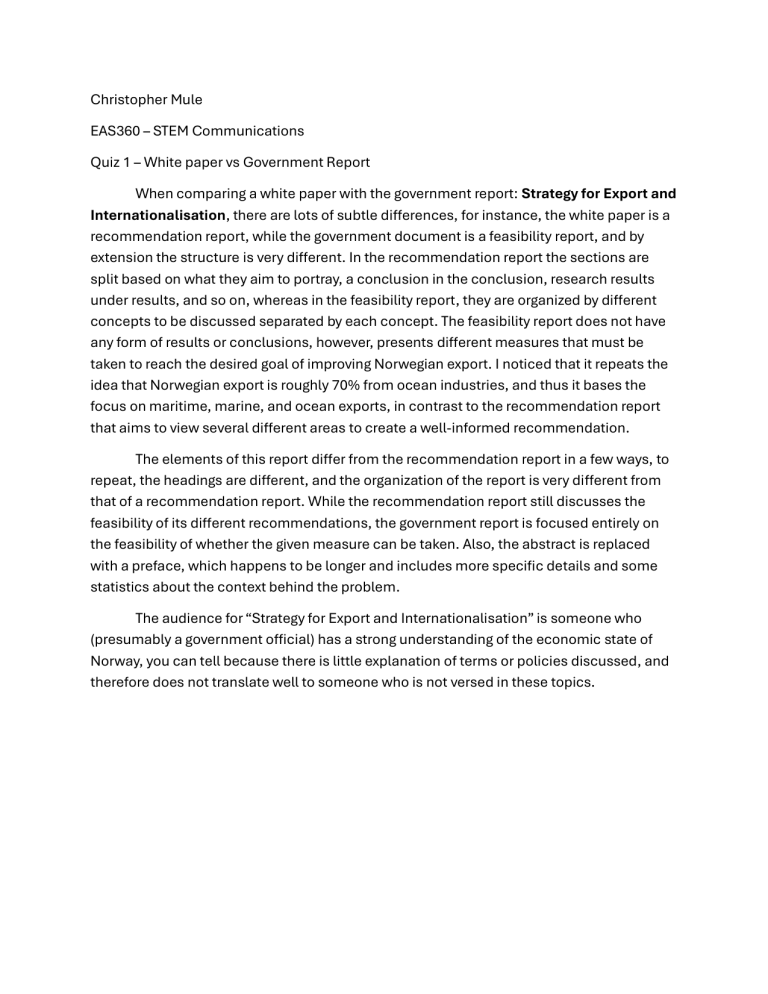 Quiz 1: White Paper vs Government Report Comparison