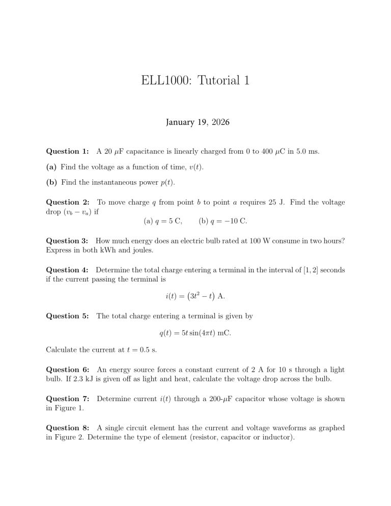 ELL1000 Tutorial 1: Electrical Engineering Problems