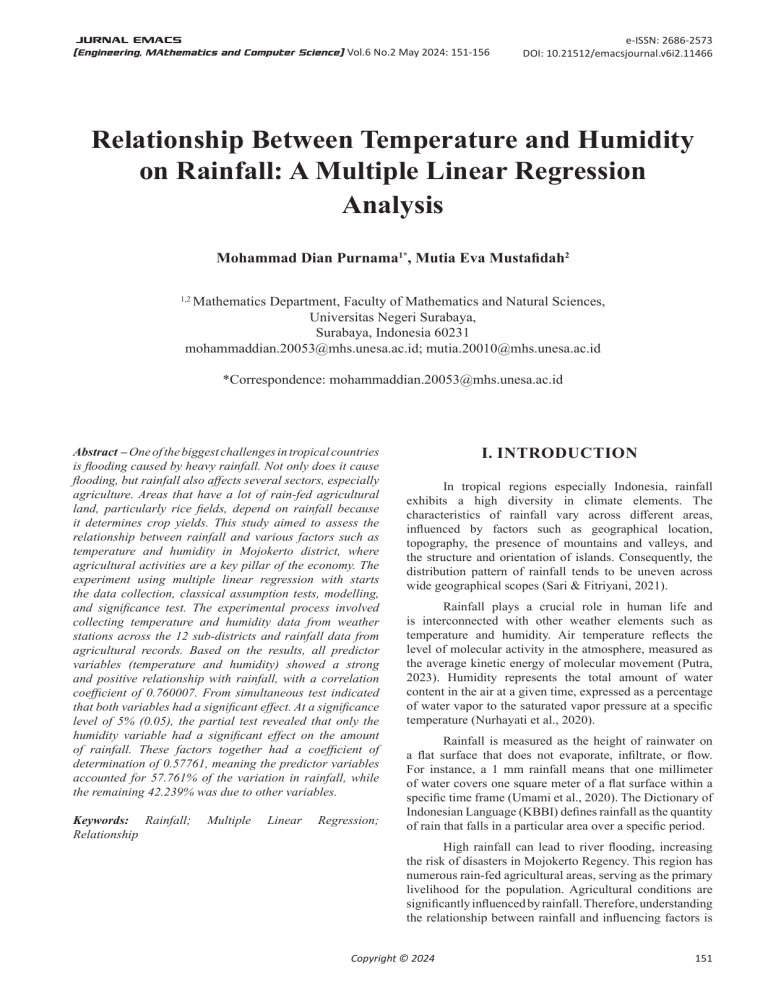 Temperature and Humidity on Rainfall: Multiple Linear Regression Analysis