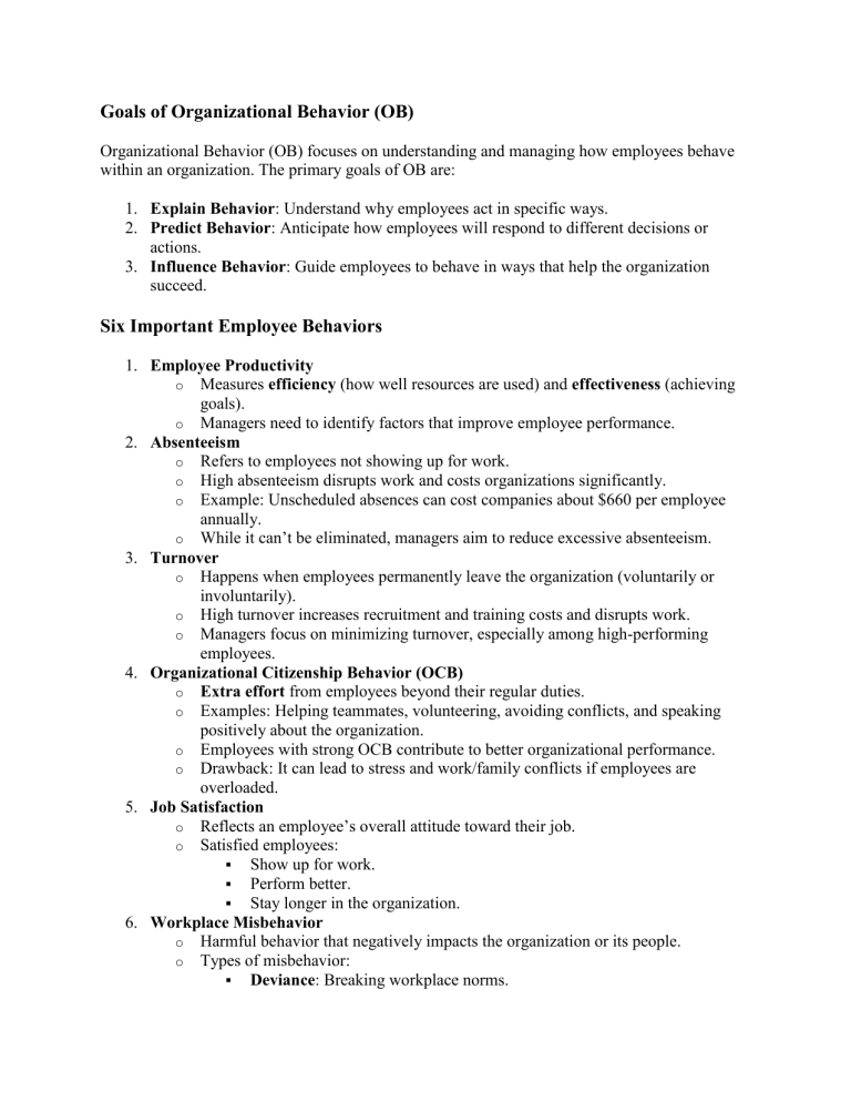 Goals of Organizational Behavior (OB)