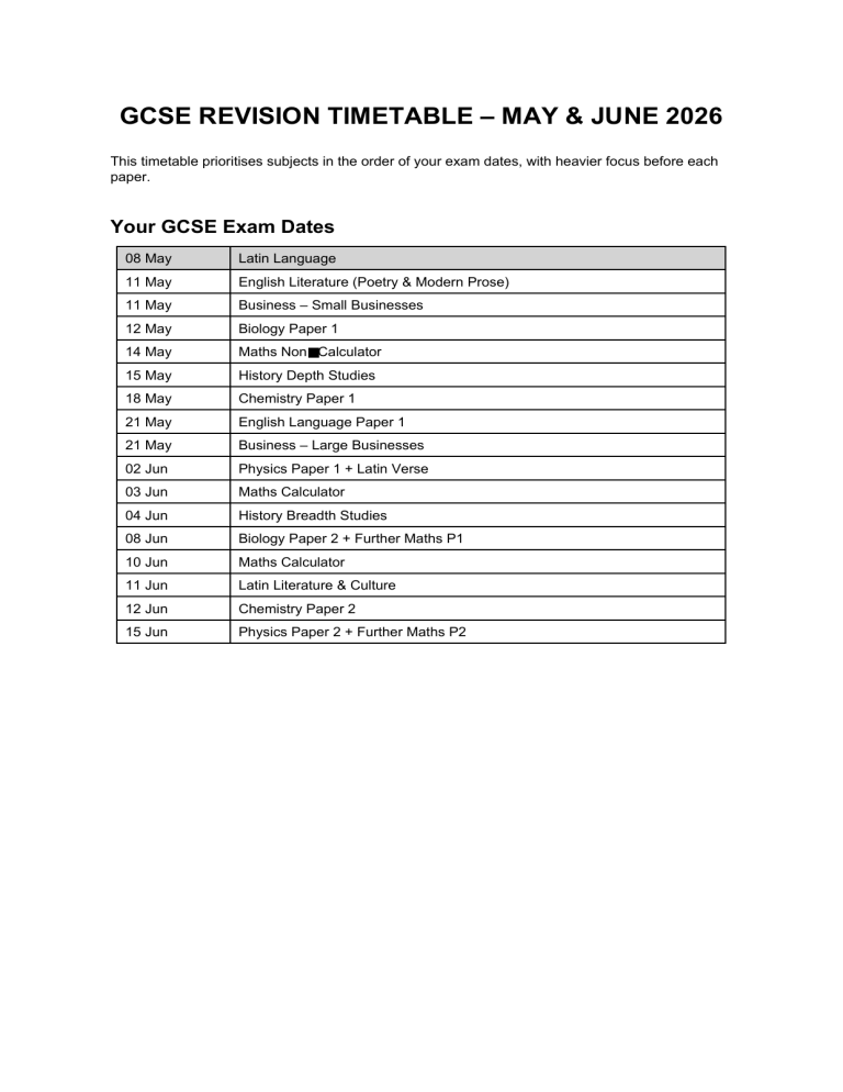 GCSE Revision Timetable May June 2026
