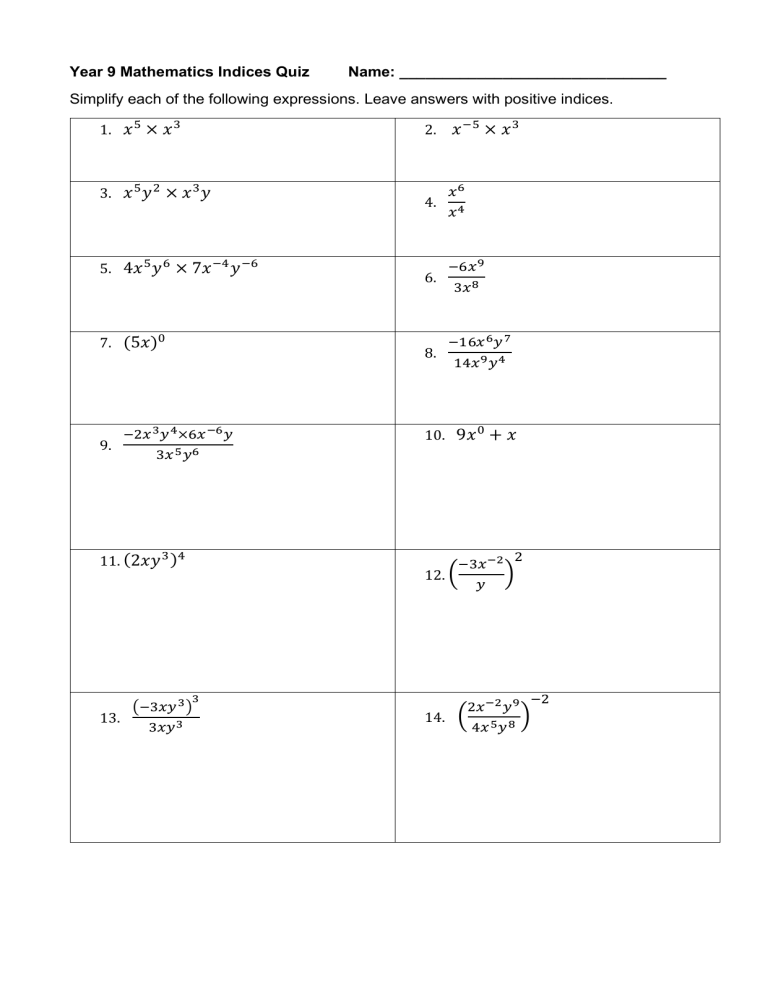 Year 9 Mathematics Indices Quiz