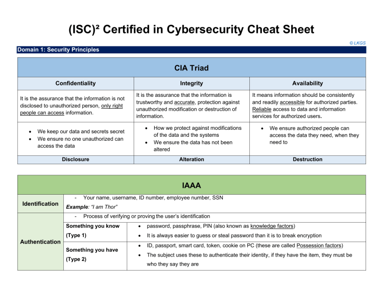 (ISC)² Cybersecurity Cheat Sheet: Security Principles