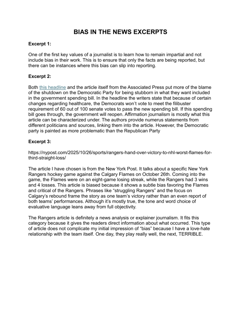 Bias in the News Excerpts: Analyzing Media Impartiality