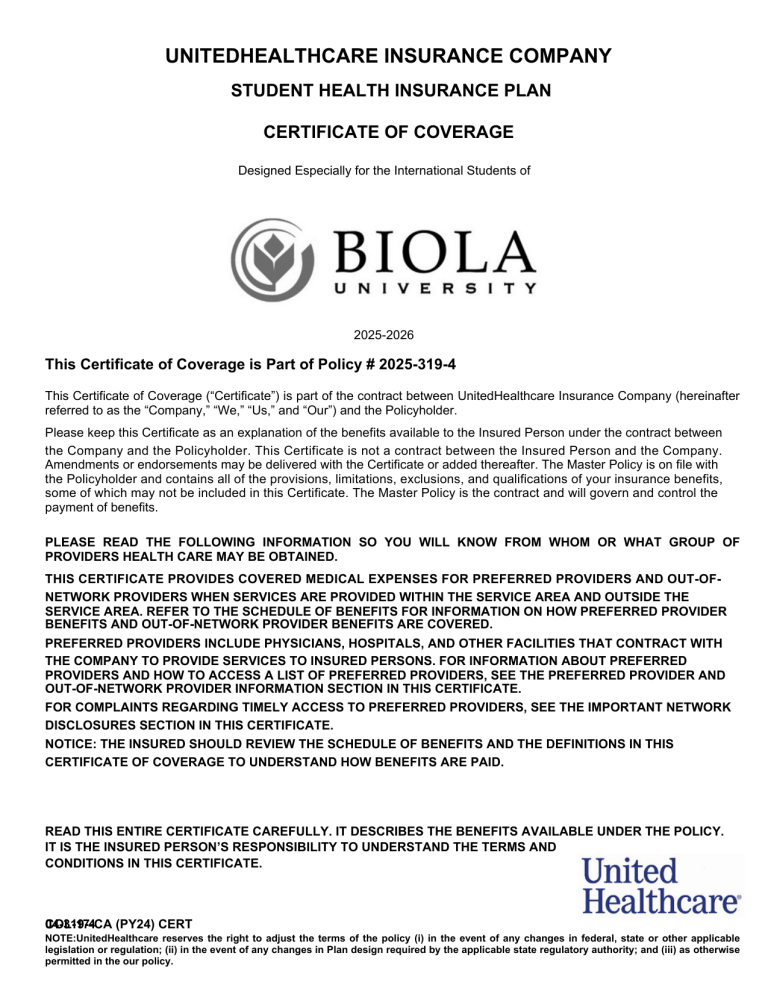 Biola University Student Health Insurance Certificate 2025-2026