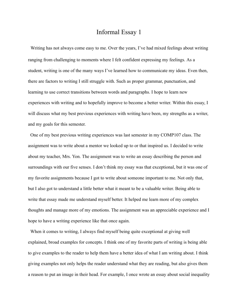 Informal Essay on Writing Experiences and Goals