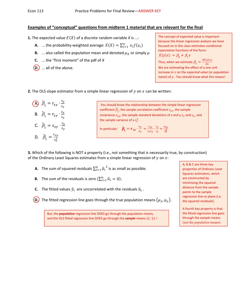 Econ 113 Final Review Practice Problems Answer Key