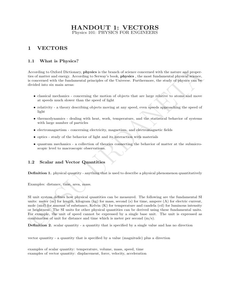 Vectors Handout - Physics 101 for Engineers