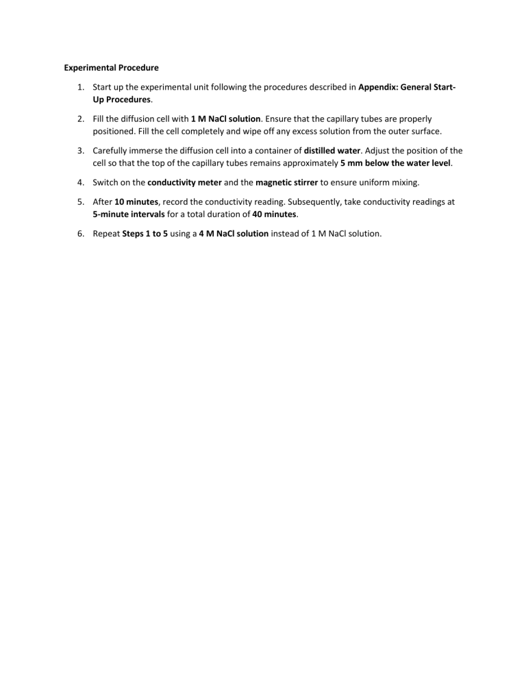 Experimental Procedure for Diffusion of NaCl Solutions