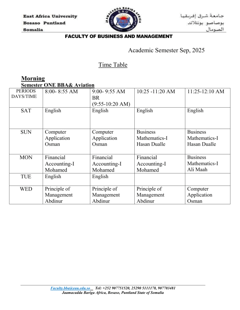 East Africa University BBA & Aviation Time Table Sep 2025