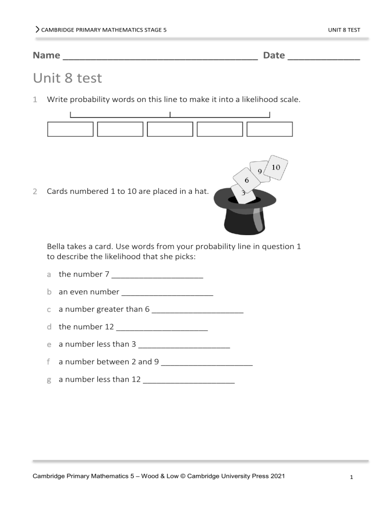 Cambridge Primary Maths Stage 5 Unit 8 Test