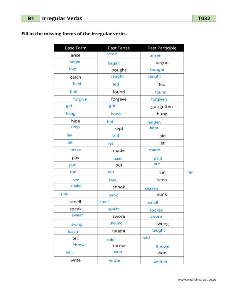 B1 Irregular Verbs Worksheet - English Practice