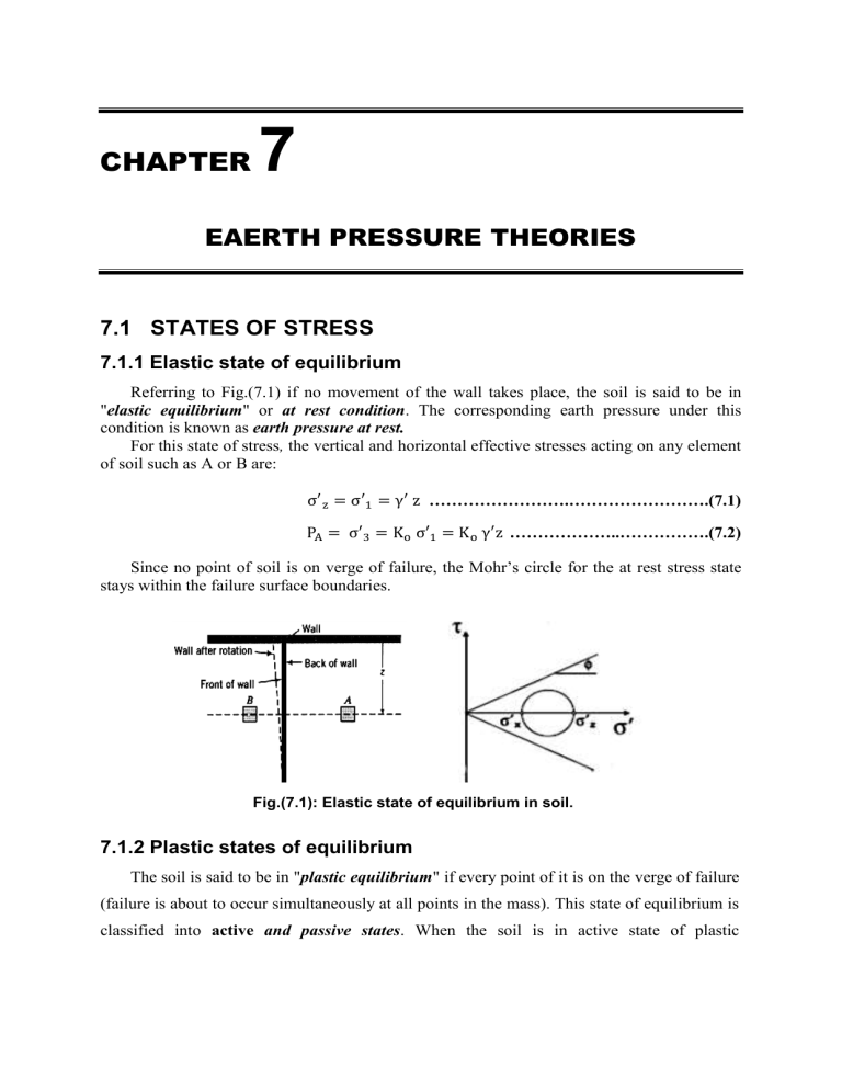 Chapter 7: Earth Pressure Theories - Elastic & Plastic States