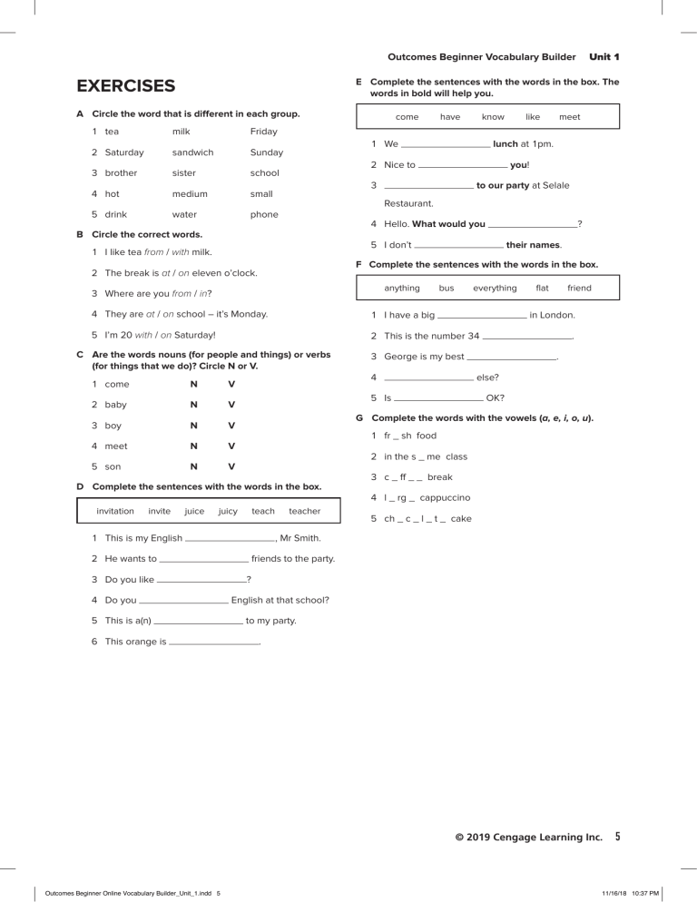 Outcomes Beginner Vocabulary Builder Unit 1 Exercises