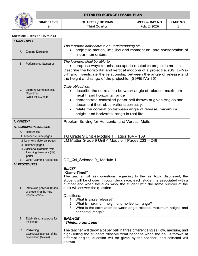 Grade 9 Projectile Motion Lesson Plan