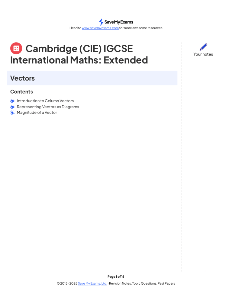 IGCSE Maths Vectors Revision Notes: Column Vectors, Diagrams, Magnitude