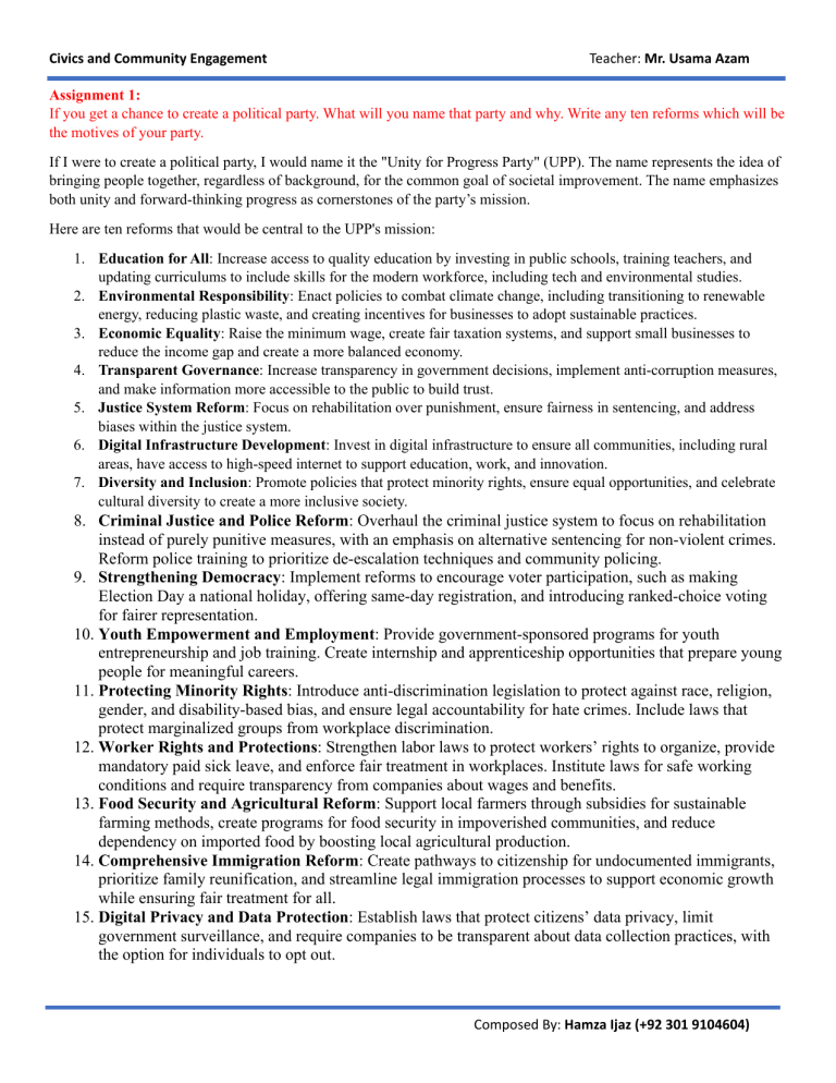 Civics Assignment: Political Party Creation & Reforms