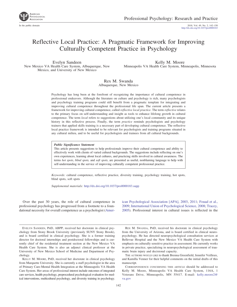 Reflective Local Practice: Cultural Competence Framework for Psychologists