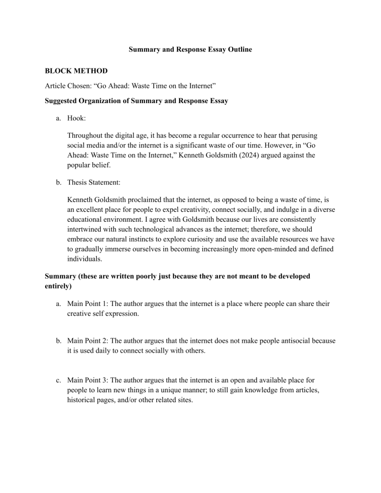 Summary and Response Essay Outline: Block Method