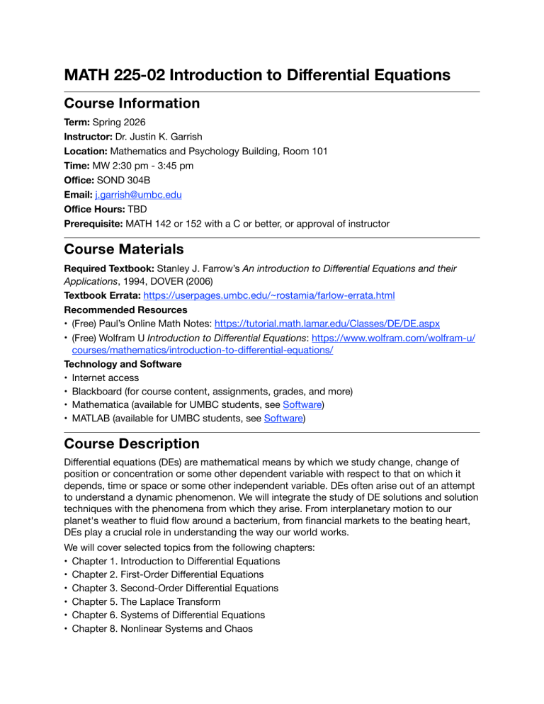 MATH 225-02 Introduction to Differential Equations Syllabus