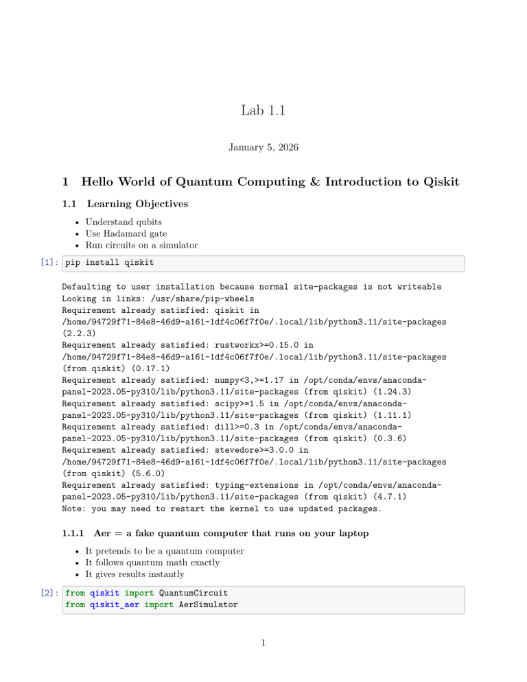 Lab 1.1: Hello World of Quantum Computing with Qiskit