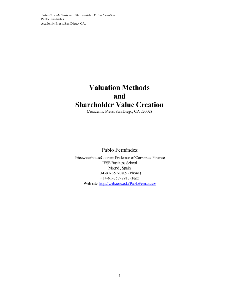 Valuation Methods and Shareholder Value Creation Book