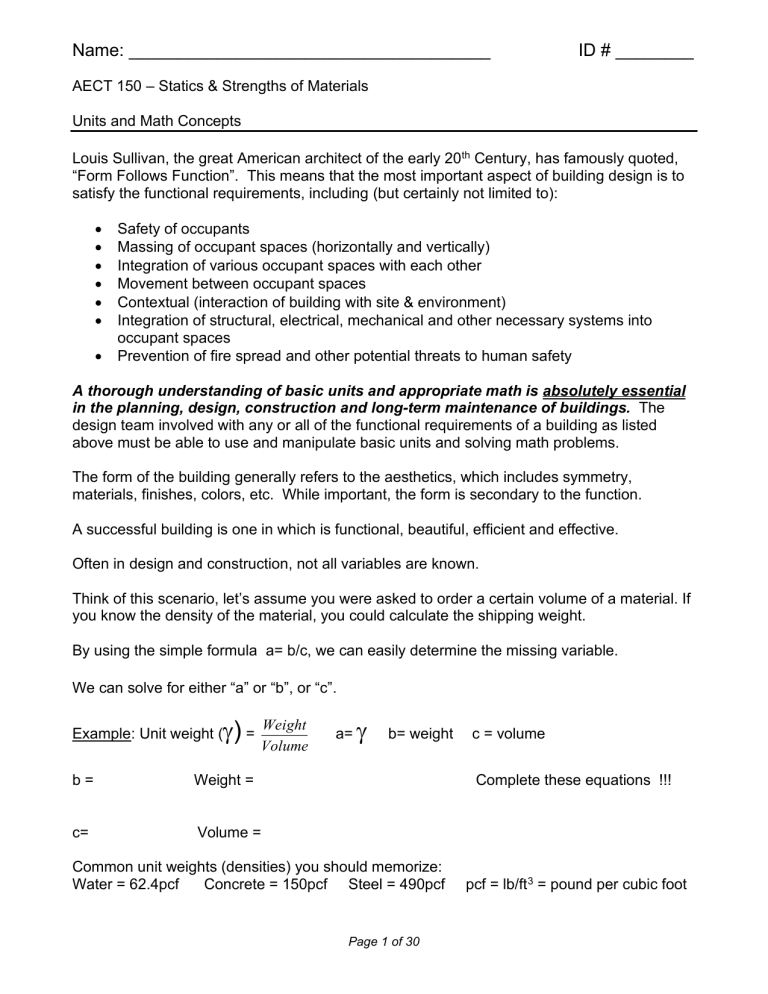 AECT 150 Statics & Strengths of Materials: Units & Math Concepts