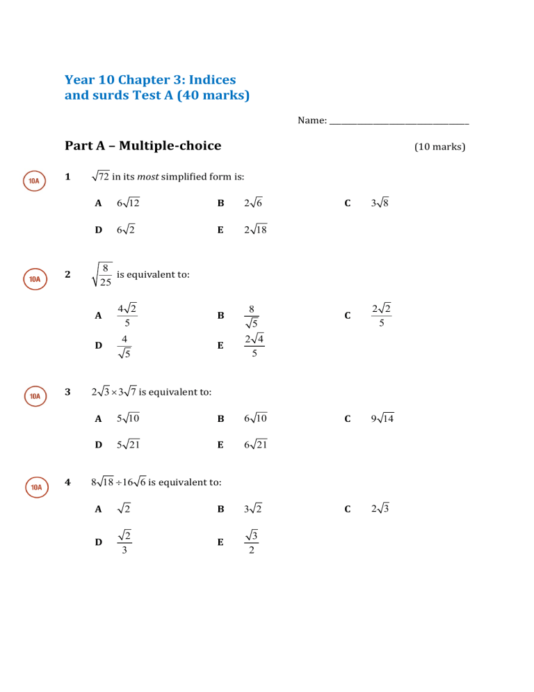 Year 10 Indices and Surds Test A (40 marks)