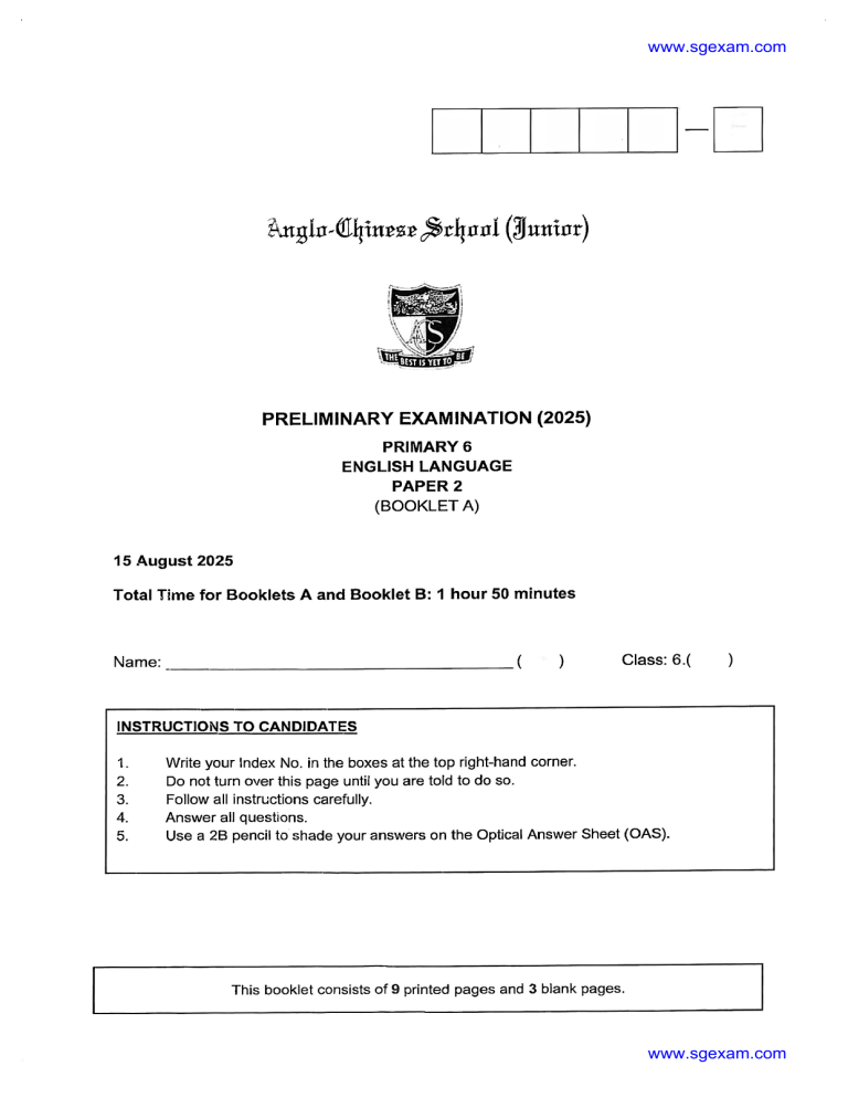 Primary 6 English Prelim 2025 Exam Paper 2 (Booklet A)