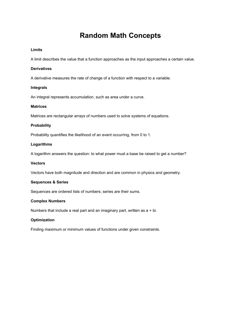 Random Math Concepts: A Quick Reference