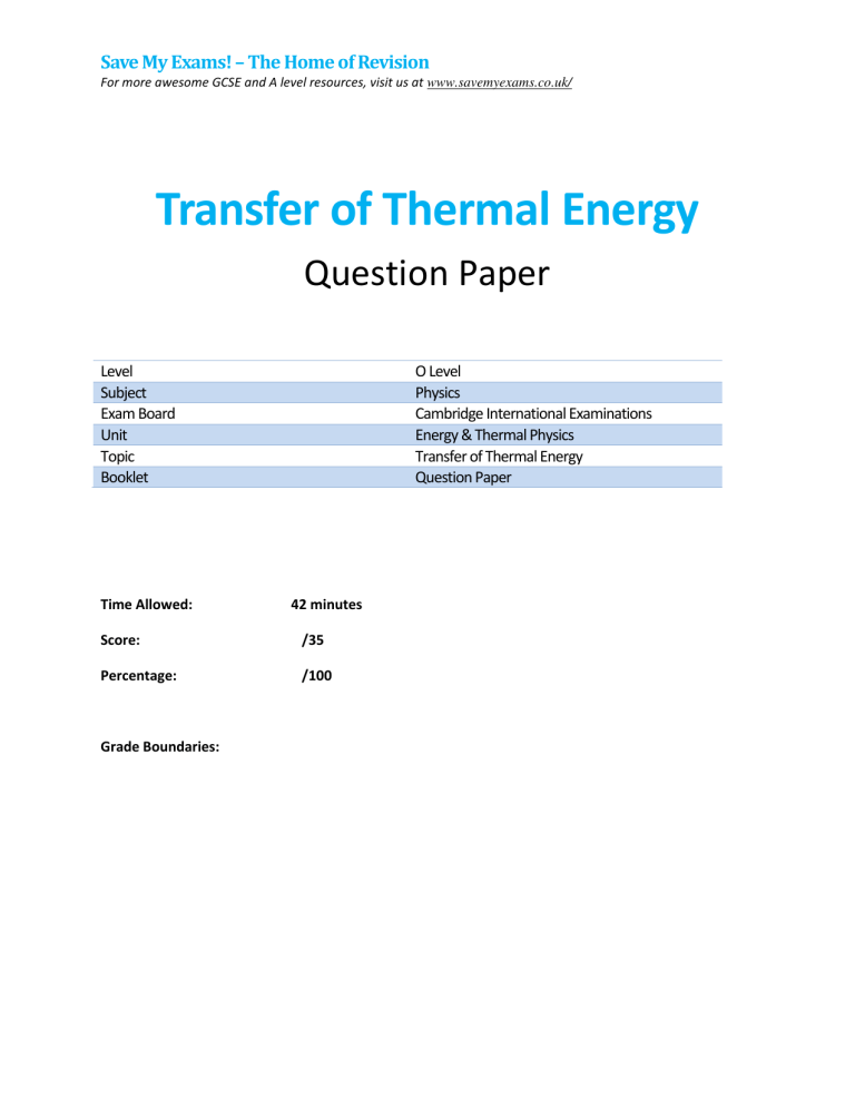 O Level Physics Transfer of Thermal Energy Question Paper