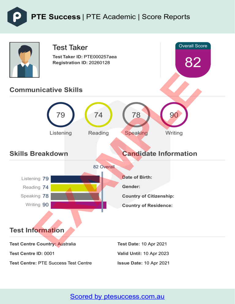 PTE Academic Score Report Example (82 Overall)