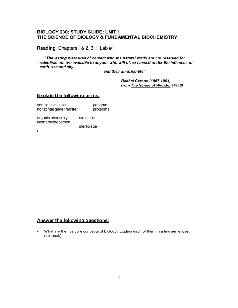 Biology 230 Study Guide: Unit 1