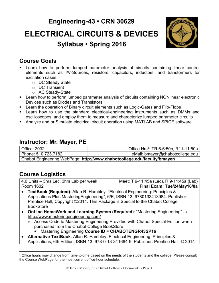 Engineering-43 Electrical Circuits & Devices Syllabus Spring 2016