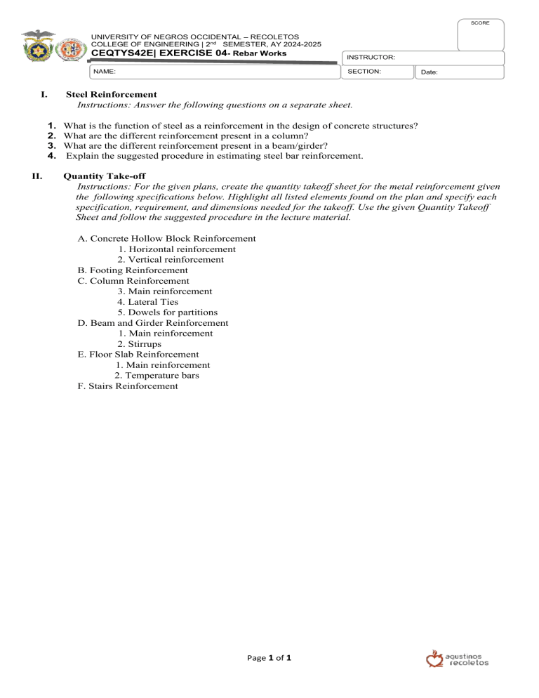 Rebar Works Exercise: Steel Reinforcement & Quantity Take-off