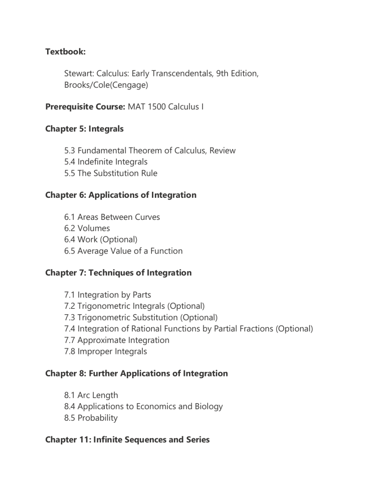 Calculus II Syllabus: Stewart Textbook