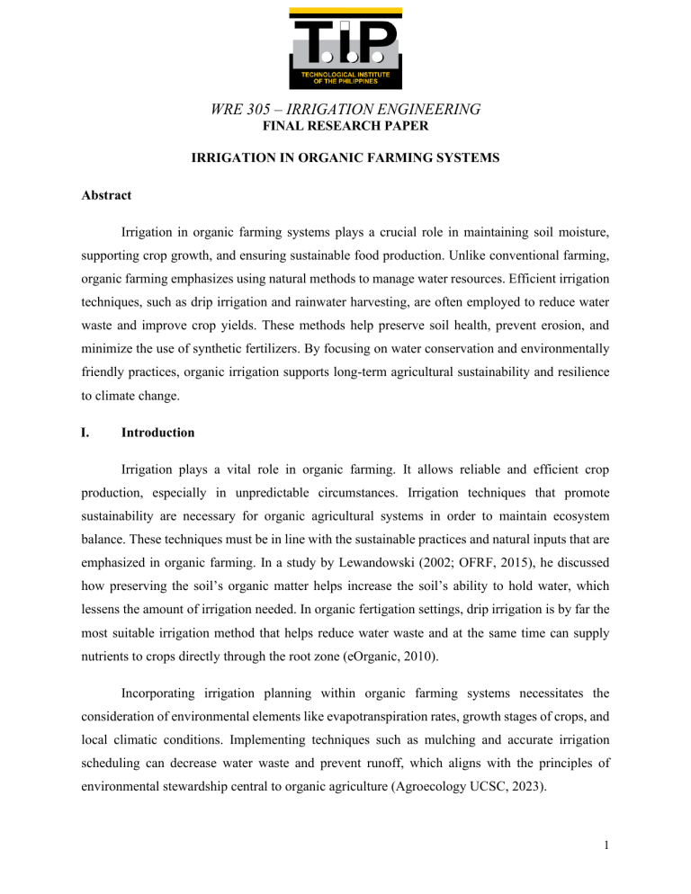 Irrigation in Organic Farming Systems Research Paper
