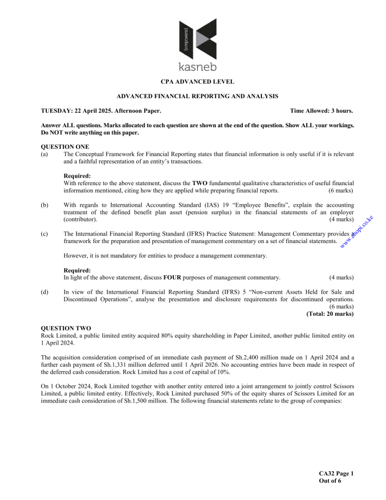 CPA Advanced Financial Reporting and Analysis Exam Paper 2025