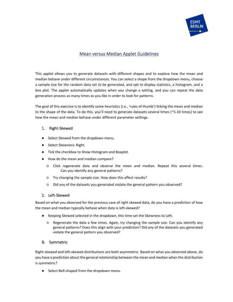 Mean vs Median Applet Guidelines: Explore Data Distributions