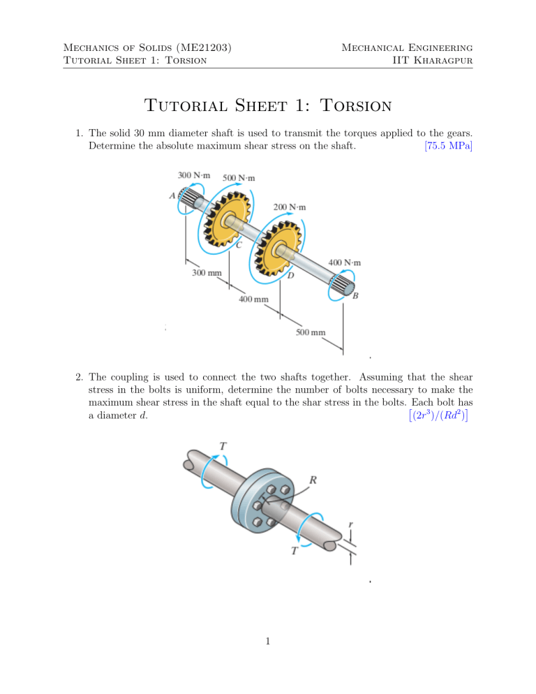 Mechanics of Solids Torsion Tutorial Sheet 1