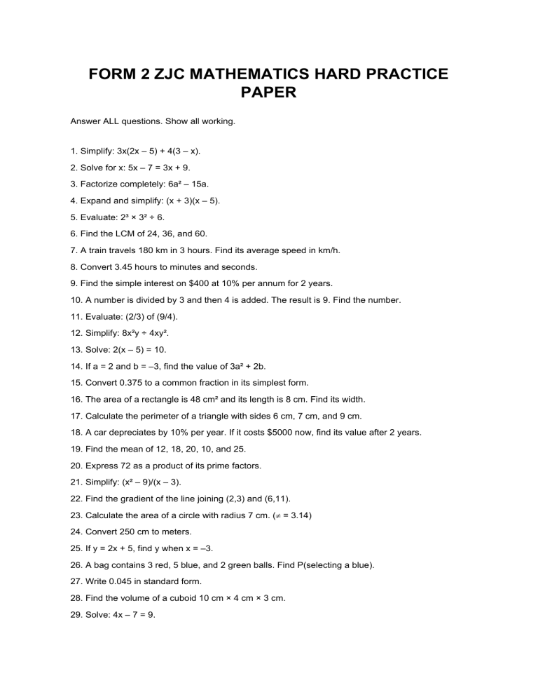 Form 2 ZJC Mathematics Hard Practice Paper