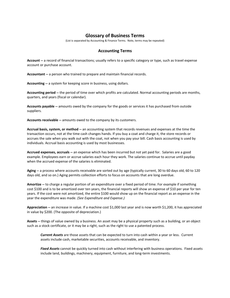 Glossary of Business Terms: Accounting & Finance Definitions