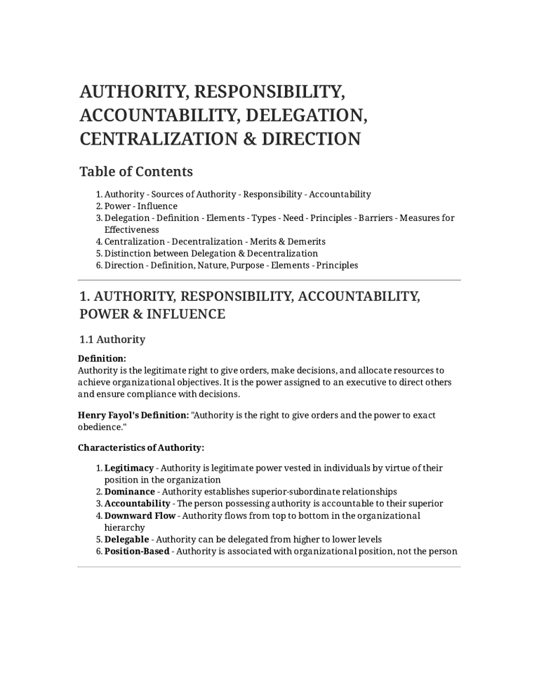 Authority, Responsibility, Accountability, Delegation, Centralization ...