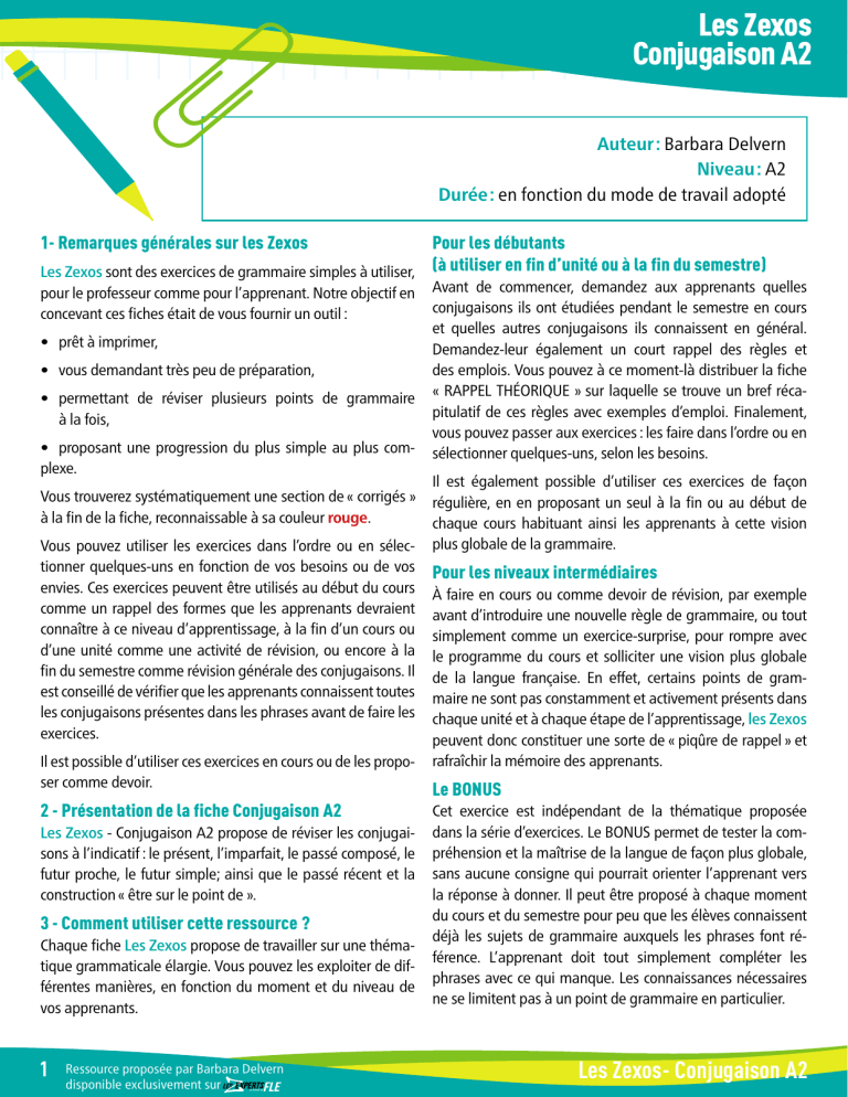 Cahier d'exercices de conjugaison A2
