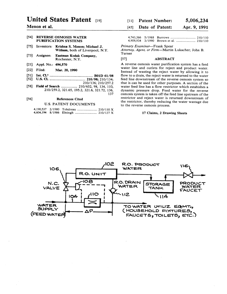 US Patent 5,006,234: Reverse Osmosis Water Purification